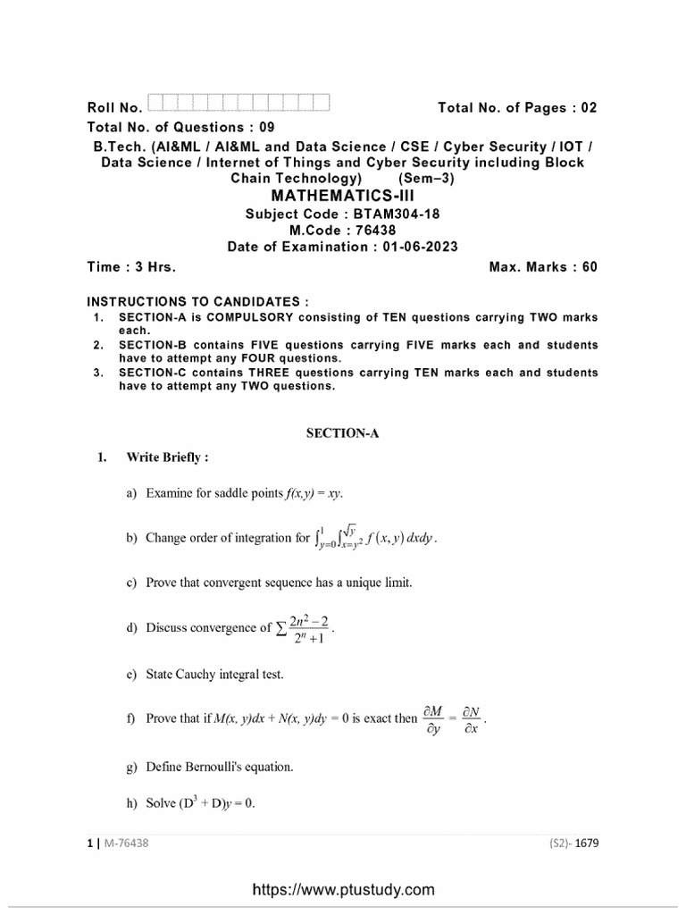 Btech Cse 3 Sem Mathematics 3 76438 Jun 2023 | PDF