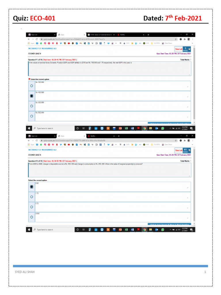 ECO401 - - Quiz (Date 7th Feb-2021)-1 | PDF