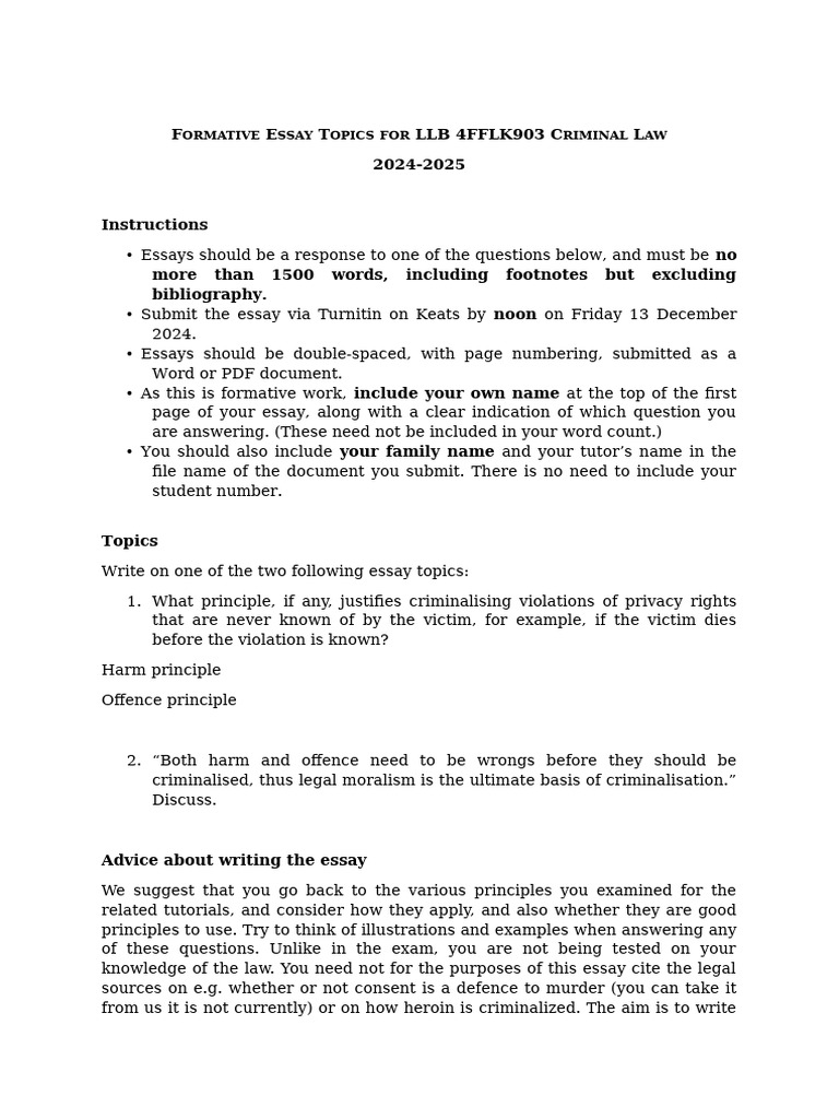 Criminal Law Formative Coursework Questions | PDF | Essays | Crimes