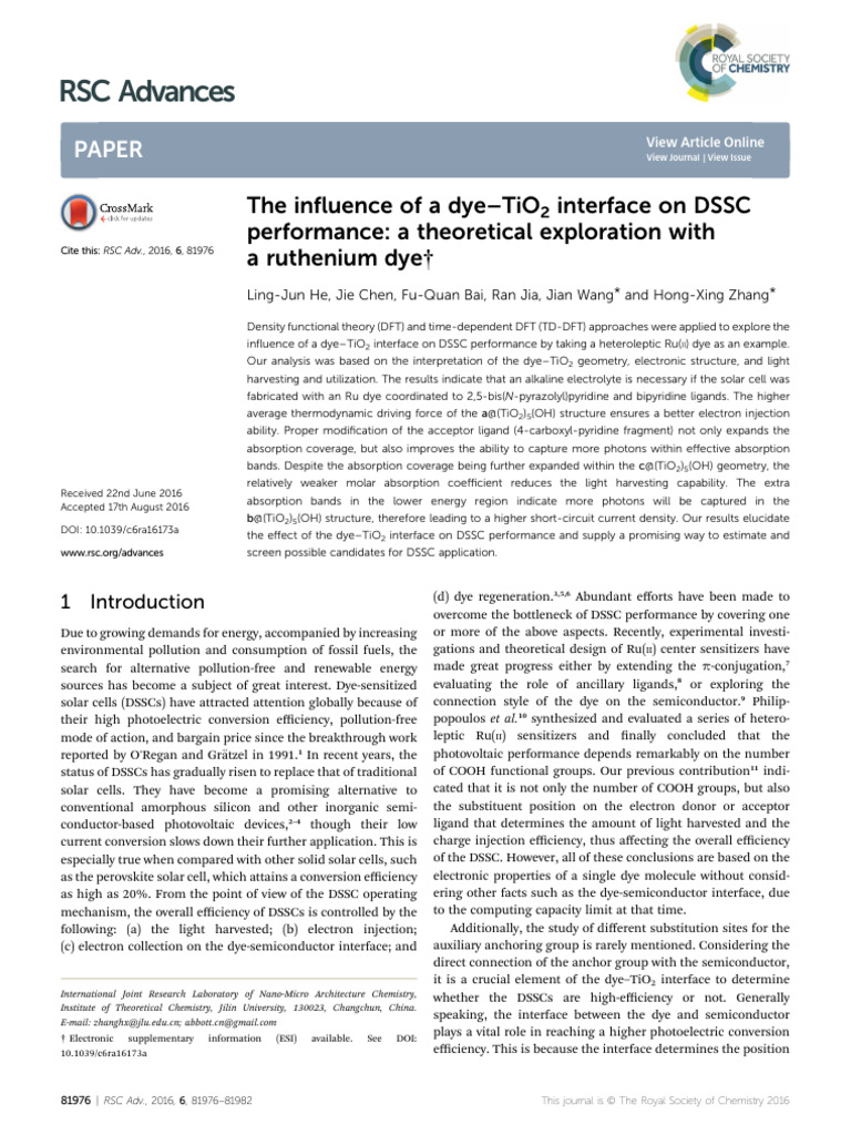 Dye-TiO2 Interface Effects on DSSC Performance | PDF | Solar Cell ...