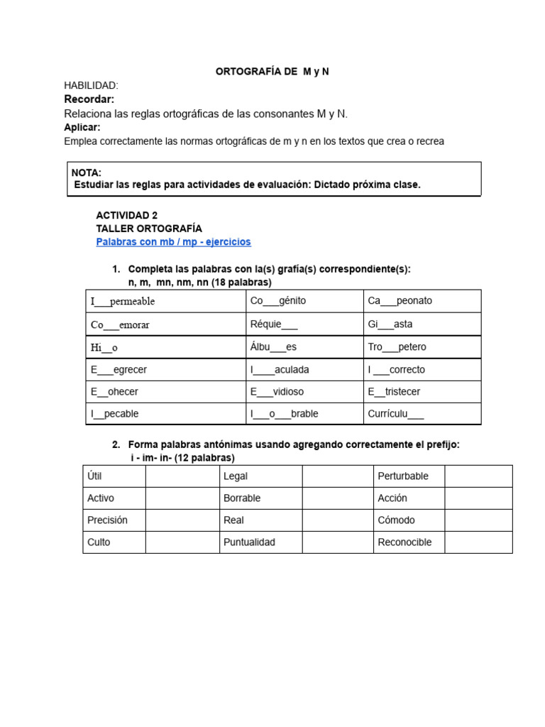 EJERCICIO #2 ORTOGRAFÍA DE LA M y DE LA N | PDF