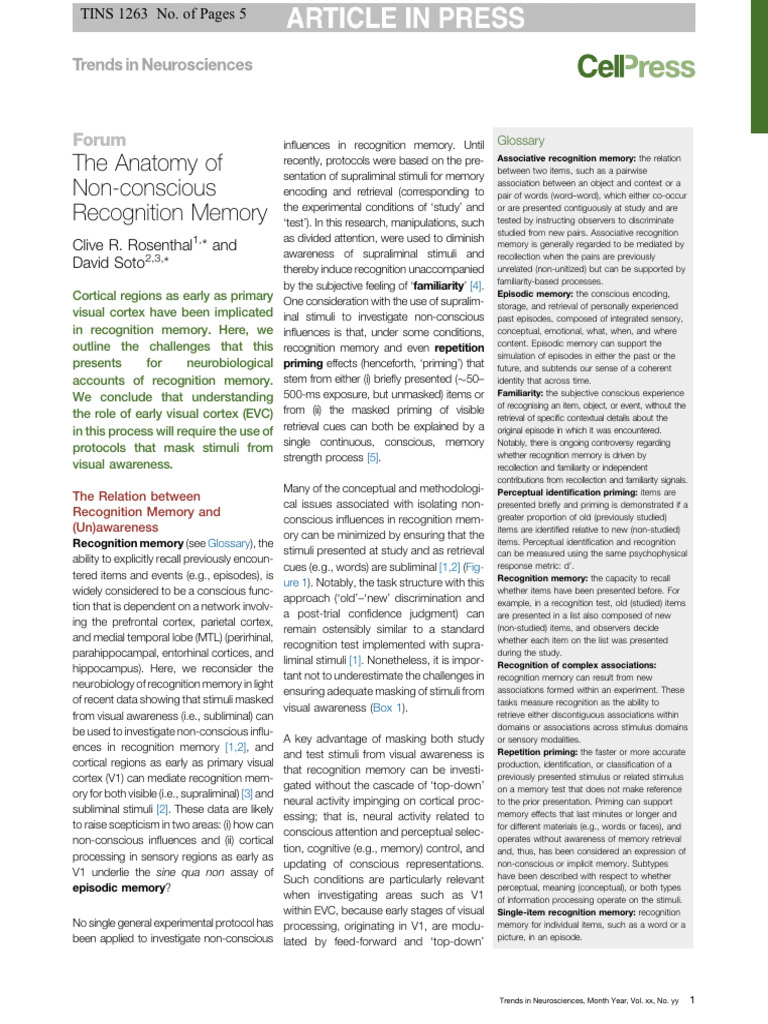 The Anatomy of Non-conscious Recognition Memory | PDF | Memory | Recall (Memory)