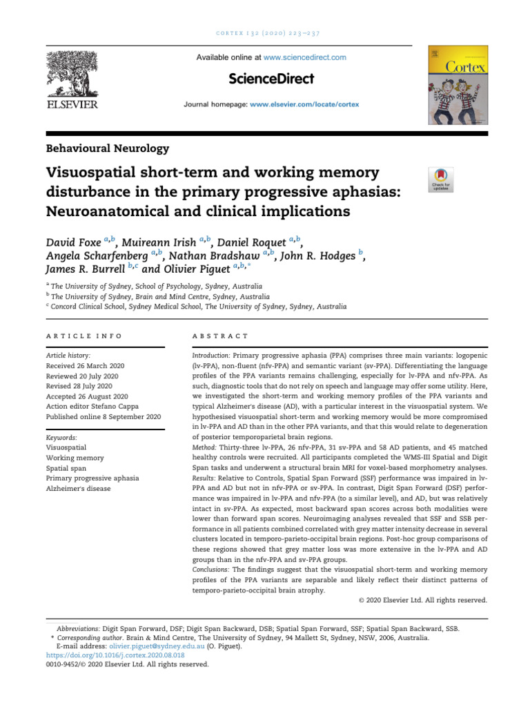 Visuospatial Short-term and Working Memory Disturbance in the Primary ...