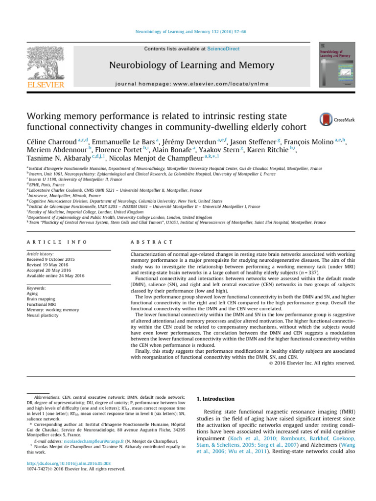 Working Memory Performance Is Related To Intrinsic Resting State ...