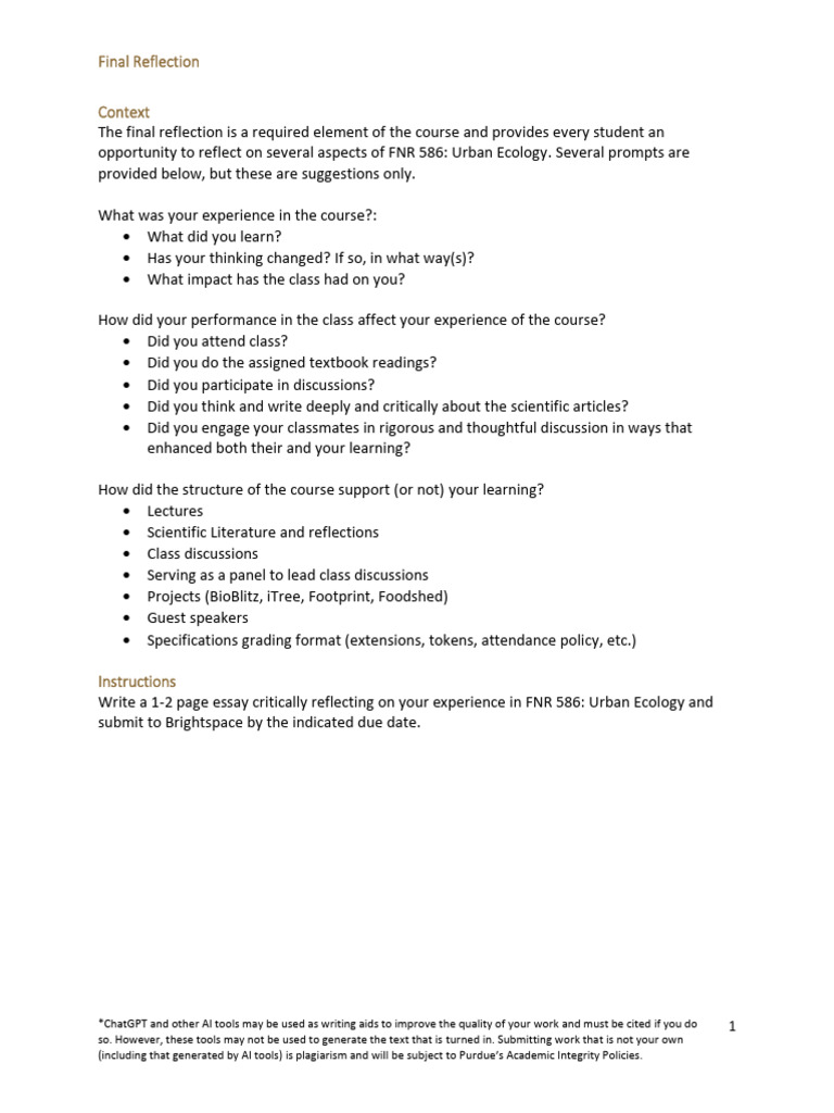 Instructions for Final Reflections | PDF