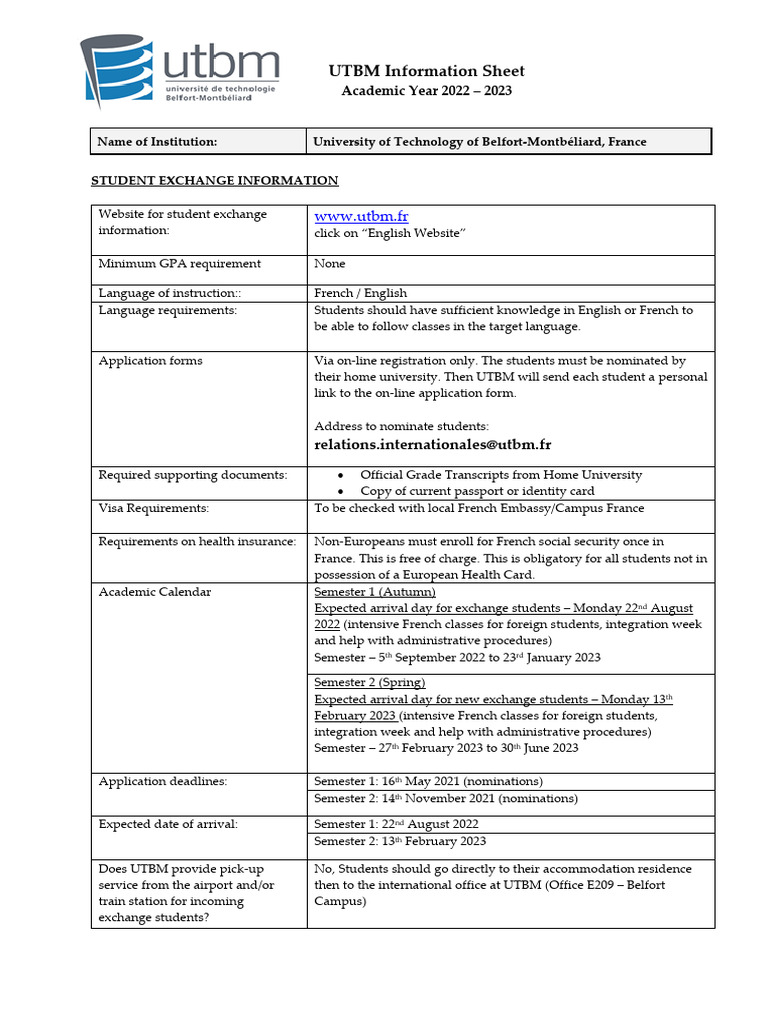 UTBM Information Sheet 2022-2023 | PDF | Academic Term