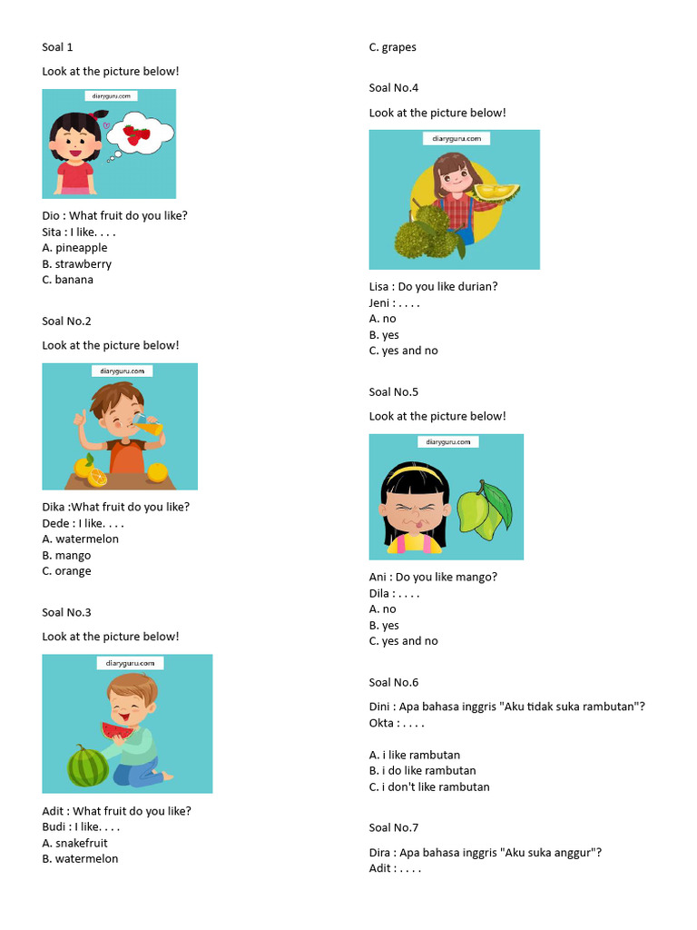 latihan soal bahasa inggris kelas 2 | PDF | Edible Fruits | Fruit
