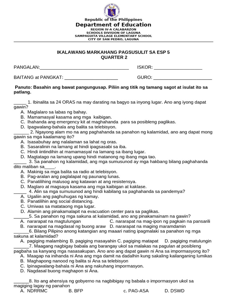 2nd Periodic Test in Esp 5 Sy 2024 25 | PDF