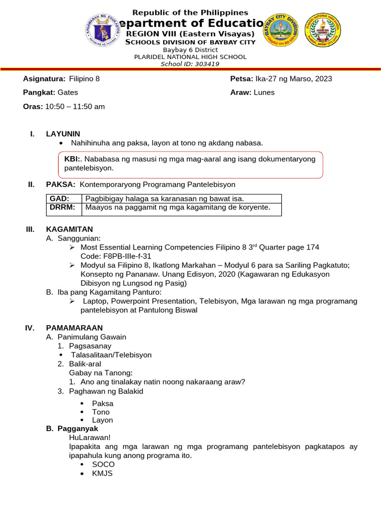 March 27 Banghay Aralin | PDF