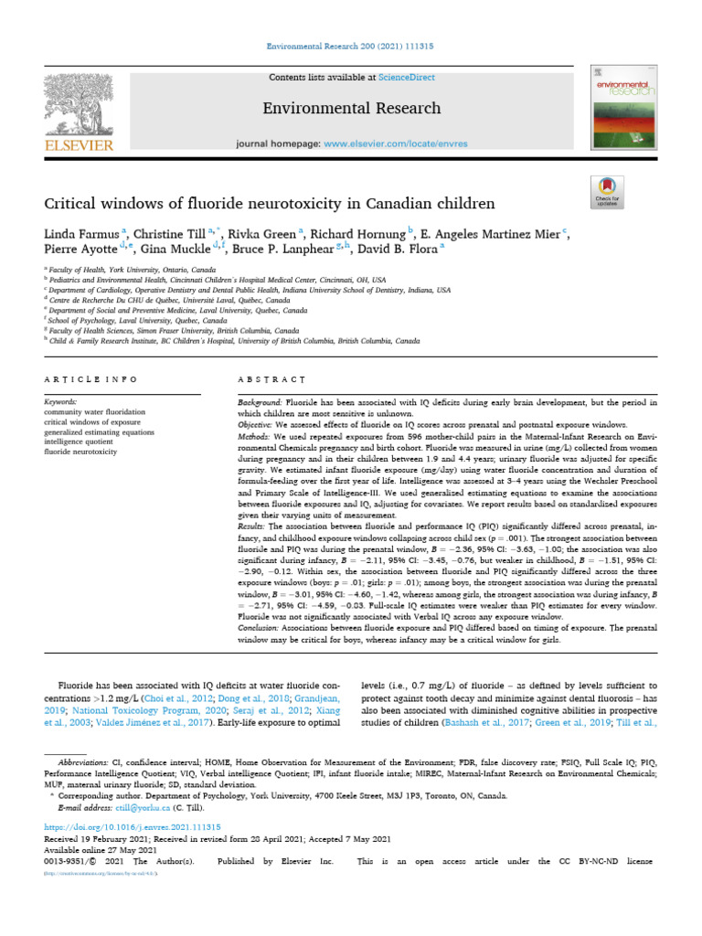 011 Critical Windows of Fluoride Neurotoxicity in Canadian Children ...