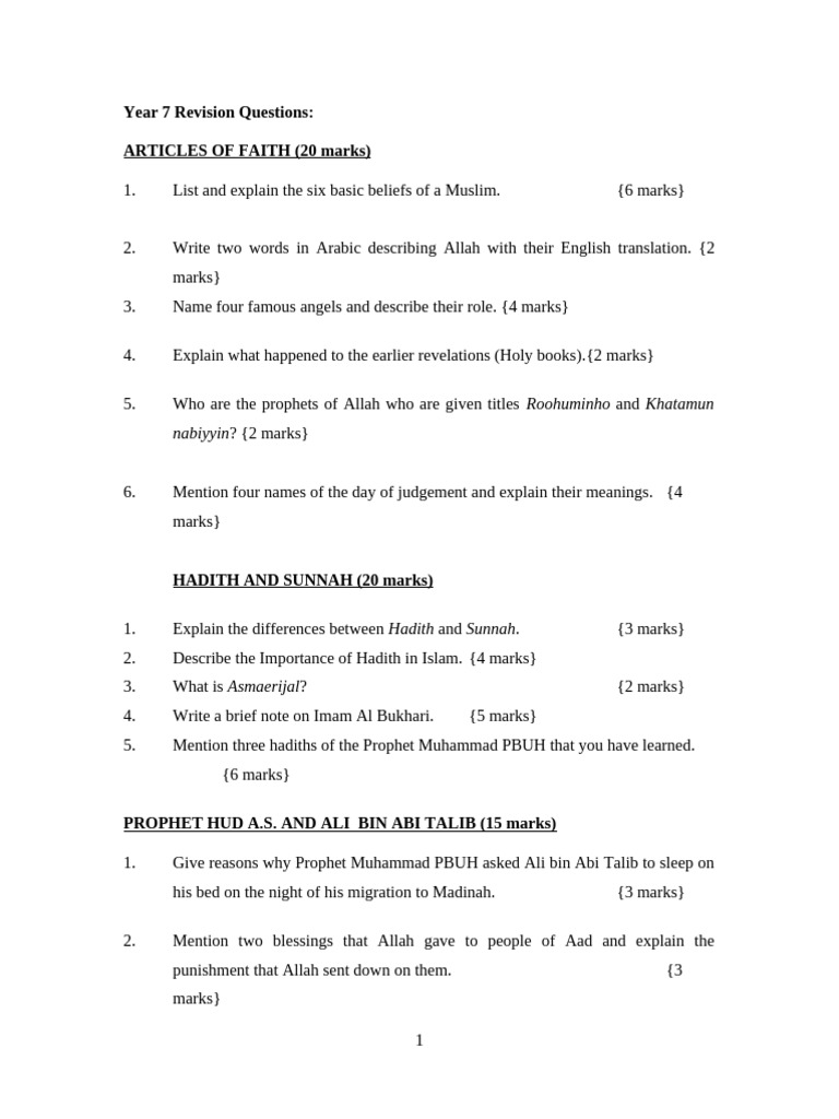 Year 7 Islamic Studies Revision Guide | PDF | Muhammad | Hadith