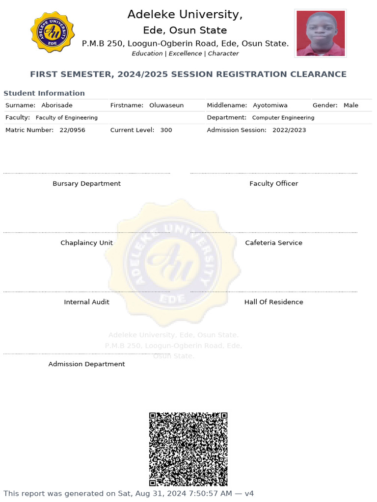 First Semester, 2024 2025 Session Registration Clearance Aborisade Oluwaseun Ayotomiwa | PDF
