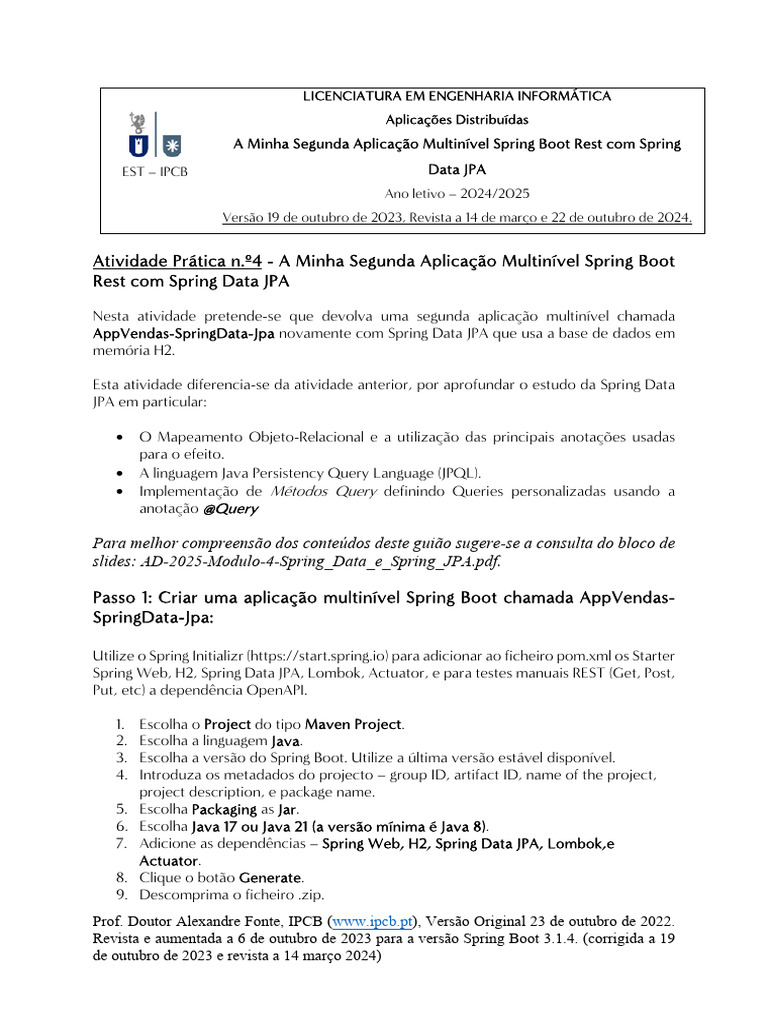 AID 2024 Atividade PL 4 Segunda Aplicacao Spring Boot Spring MVC Rest Spring Data JPA | PDF ...