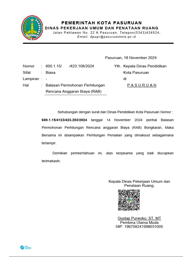 Surat Balasan Dinas Pendidikan Bongkaran | PDF