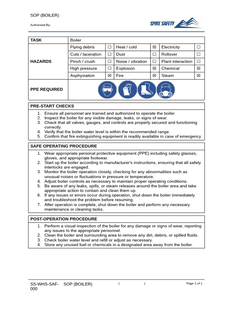 SS WHS SAF 000 Safe Operating Procedure Boiler | PDF
