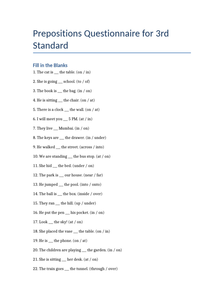 Prepositions Questionnaire | PDF