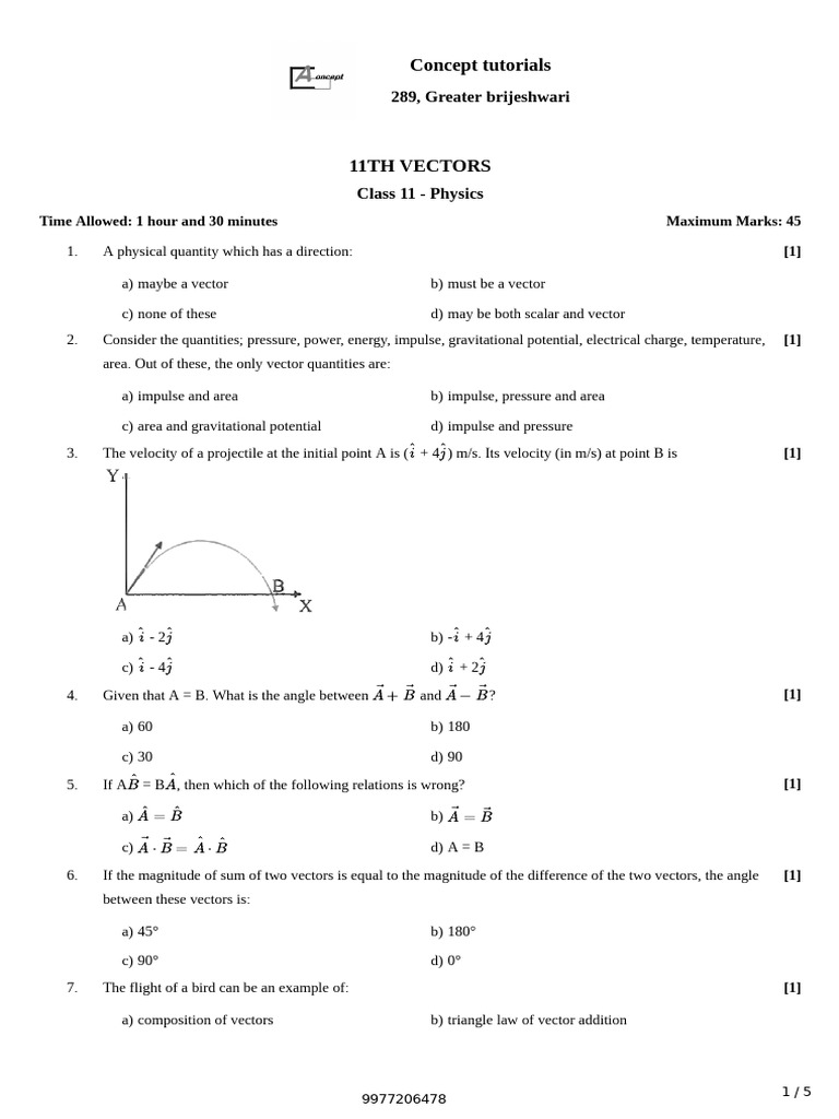 11th vectors 1 | PDF | Euclidean Vector | Angle