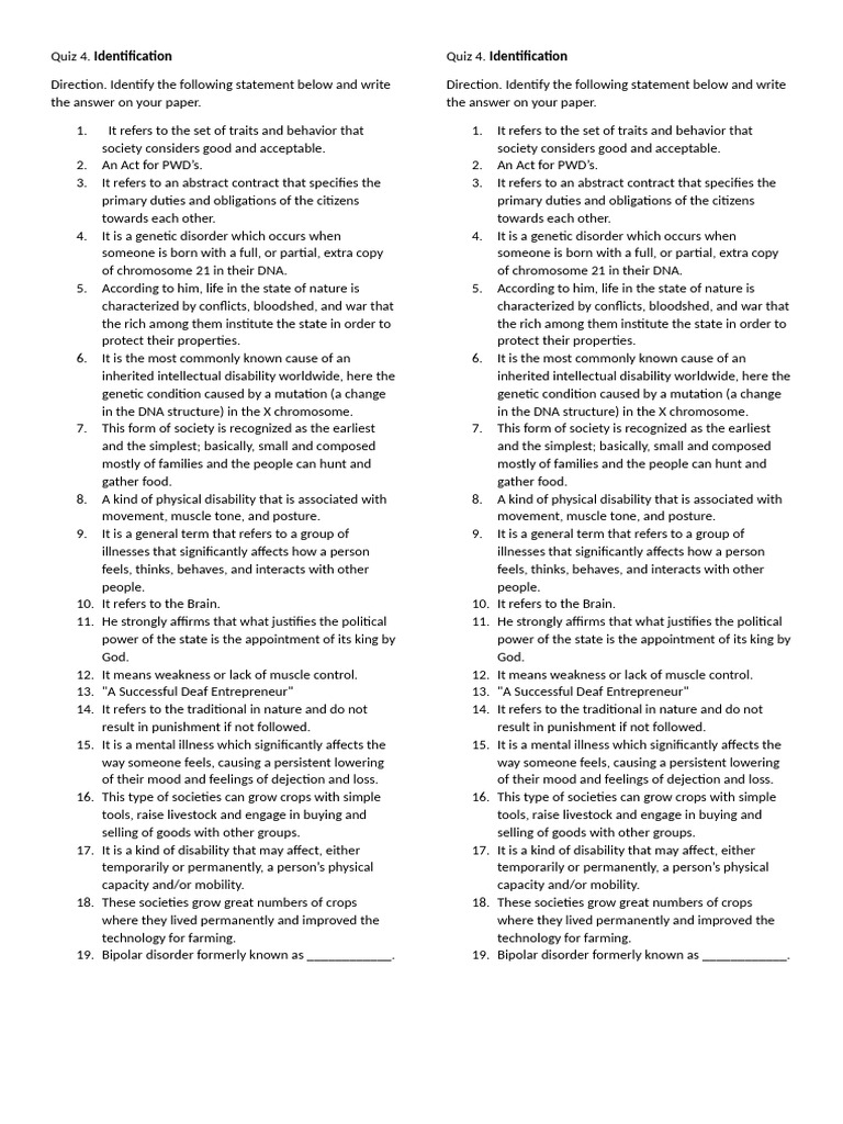 Quiz 4 Identification No Answer Philo | PDF | Genetics | Genetic Disorder