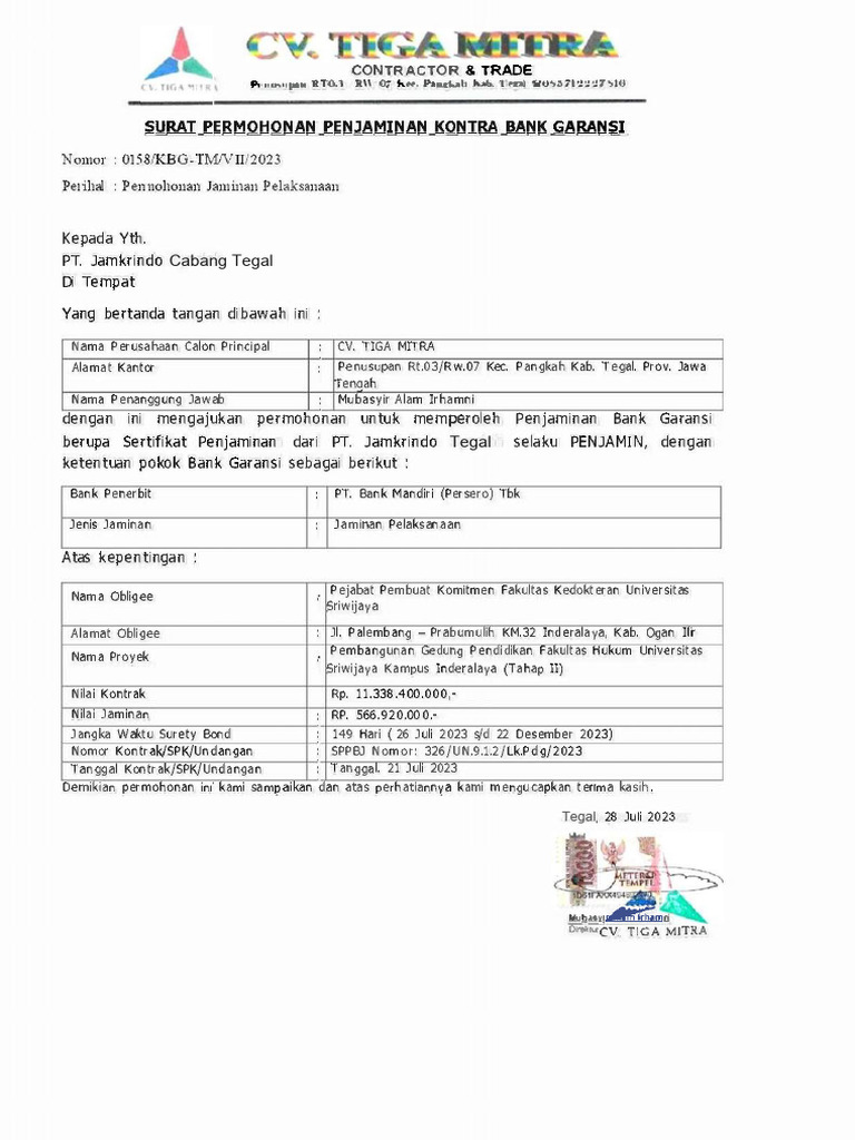 Permohonan KBG CV. Tiga Mitra | PDF