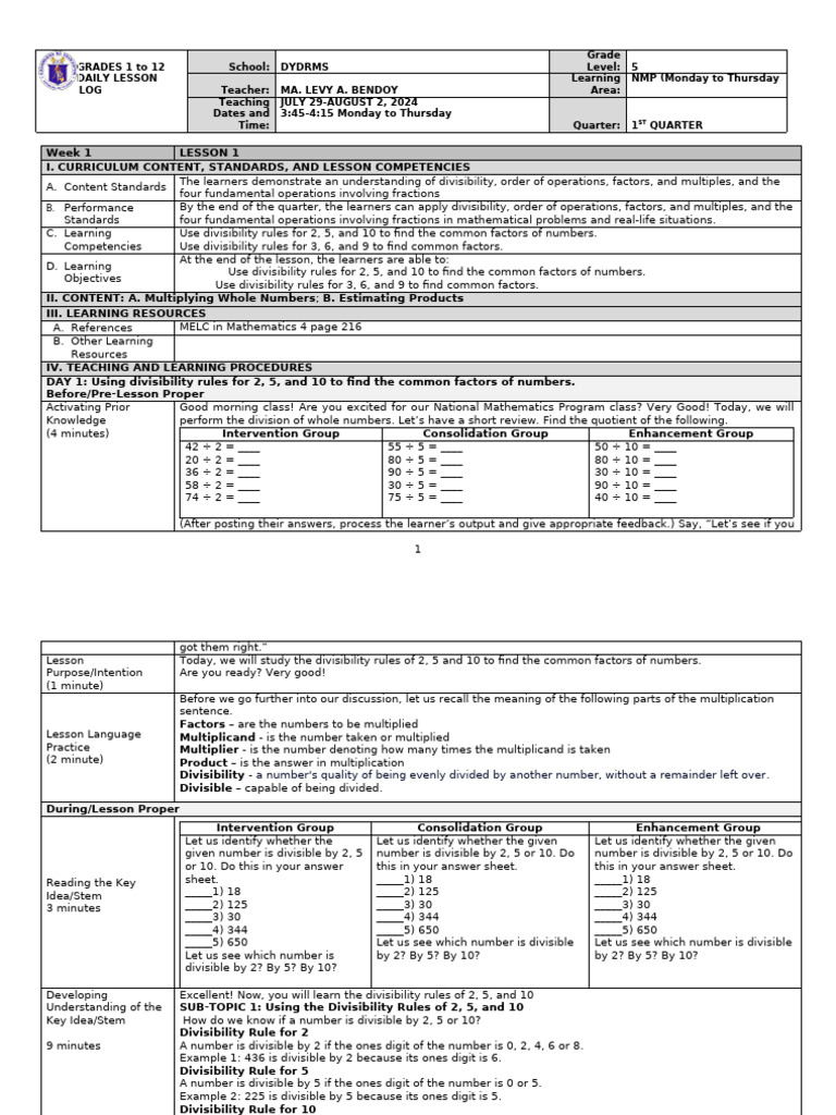 Grade 5 NMP Quarter 1 Week 1 1 | PDF | Multiplication | Mathematics