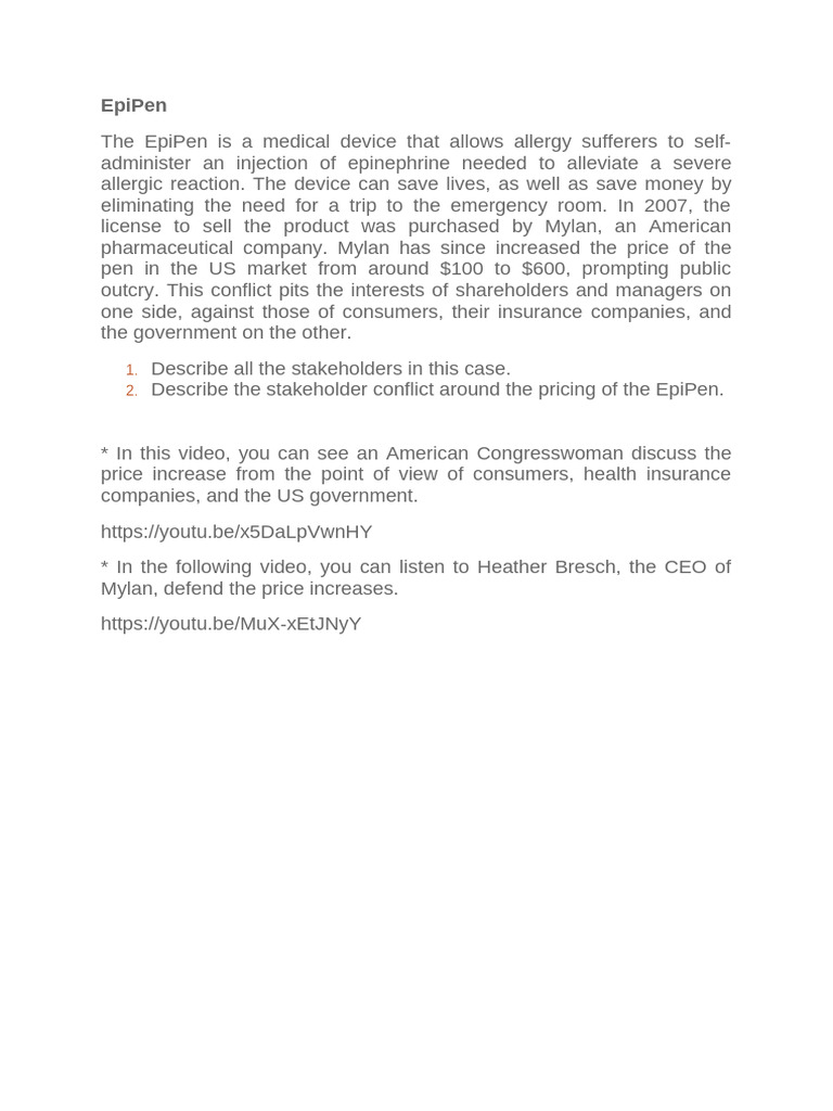 Stakeholder Case Study - EpiPen | PDF