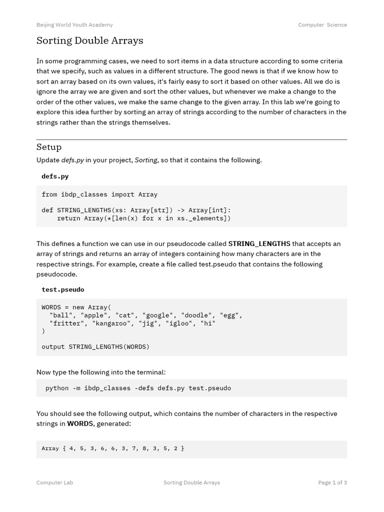Sorting Double Arrays Lab | PDF | String (Computer Science) | Algorithms