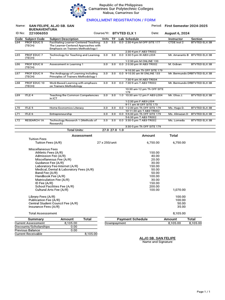 San Felipe, Aljo Sb. San Buenaventura First Semester 2024-2025 221006353 Btvted Elx 1 August 6 ...