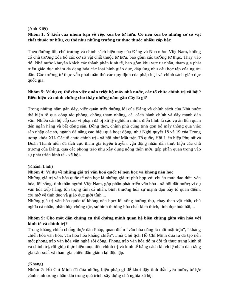 Trả Lời Câu Hỏi TTHCM Nhóm 2 | PDF