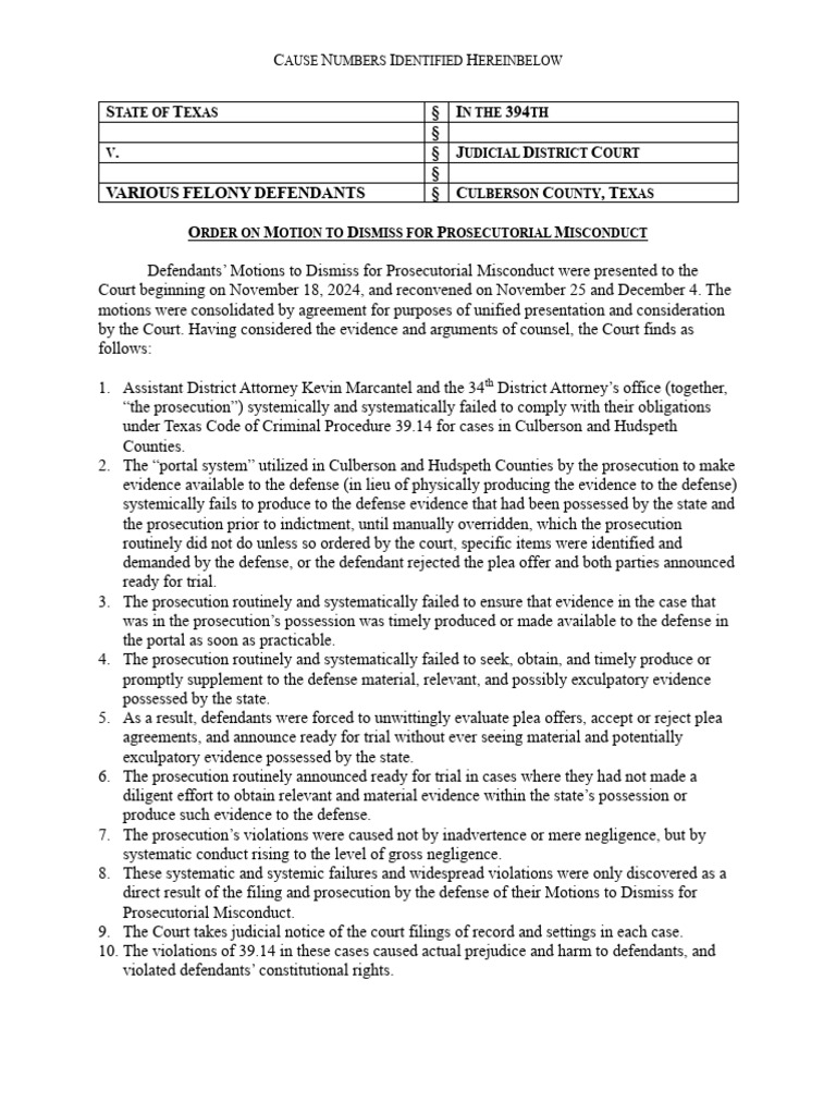 Order on Motion to Dismiss for Prosecutorial Misconduct 394th Dec 10 ...