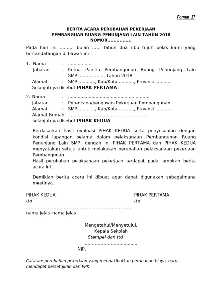 Berita Acara Perubahan Pekerjaan SMP | PDF
