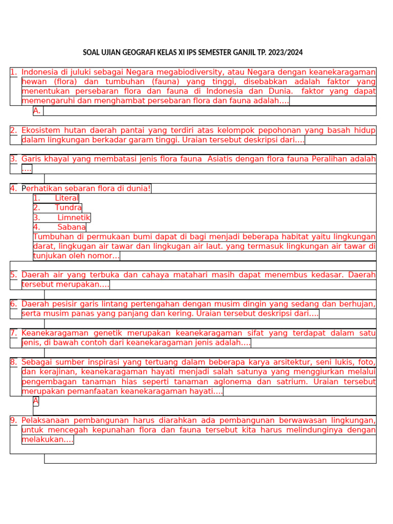 Soal Ujian Geografi Kelas Xi Ips Semester Ganjil 2023 - Kisi-Kisi Share | PDF