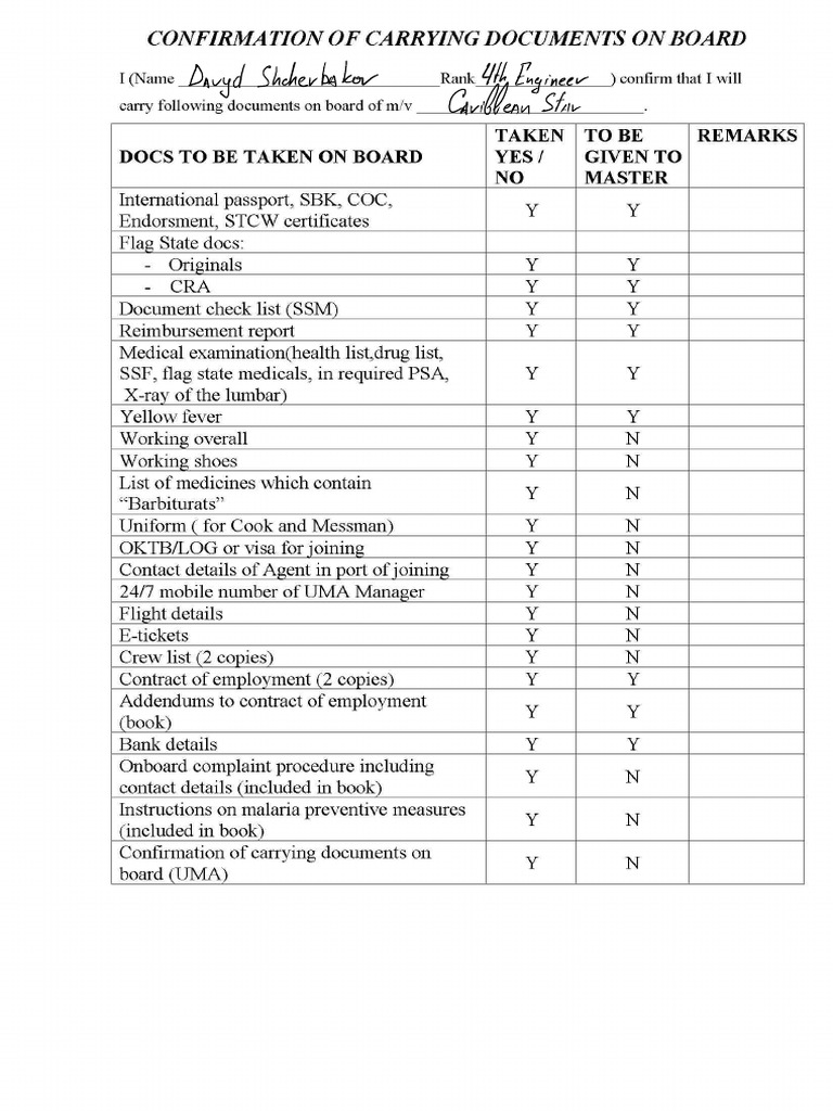 9 Confirmation of Carrying Documents on Board Ssm 2 Штк с Двух Сторон | PDF