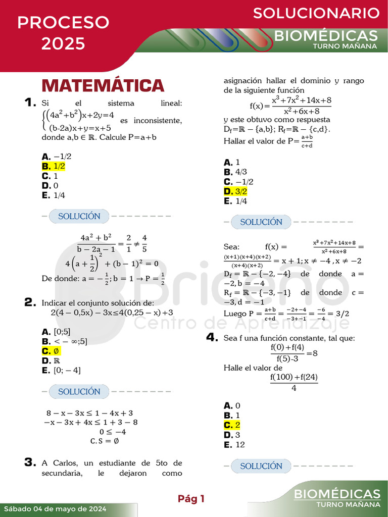 SOLUCIONARIO Turno MaÃ Ana - Biomedicas - 04.05 | PDF
