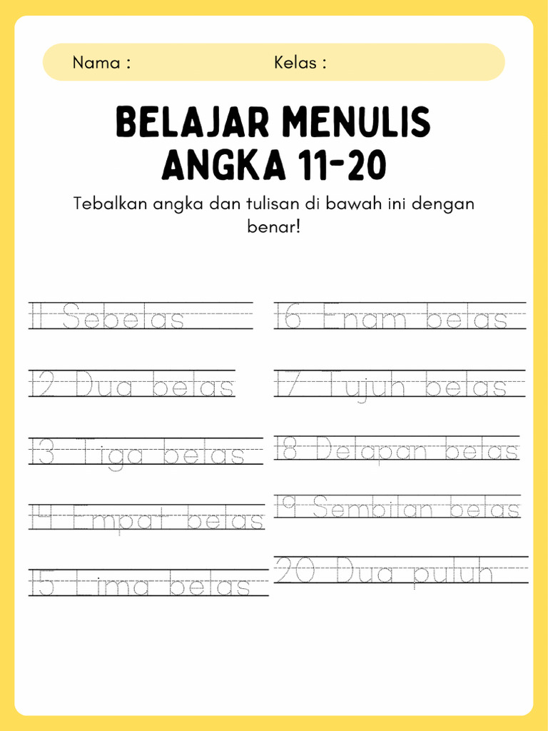 Belajar Menulis Menebalkan Angka 1-10 Lembar Kerja Kuning Sederhana | PDF