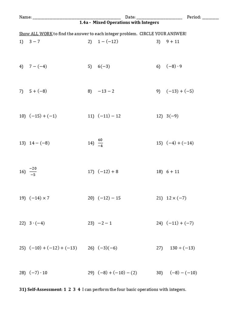 1.4a WKSHT Mixed Integer Operations | PDF