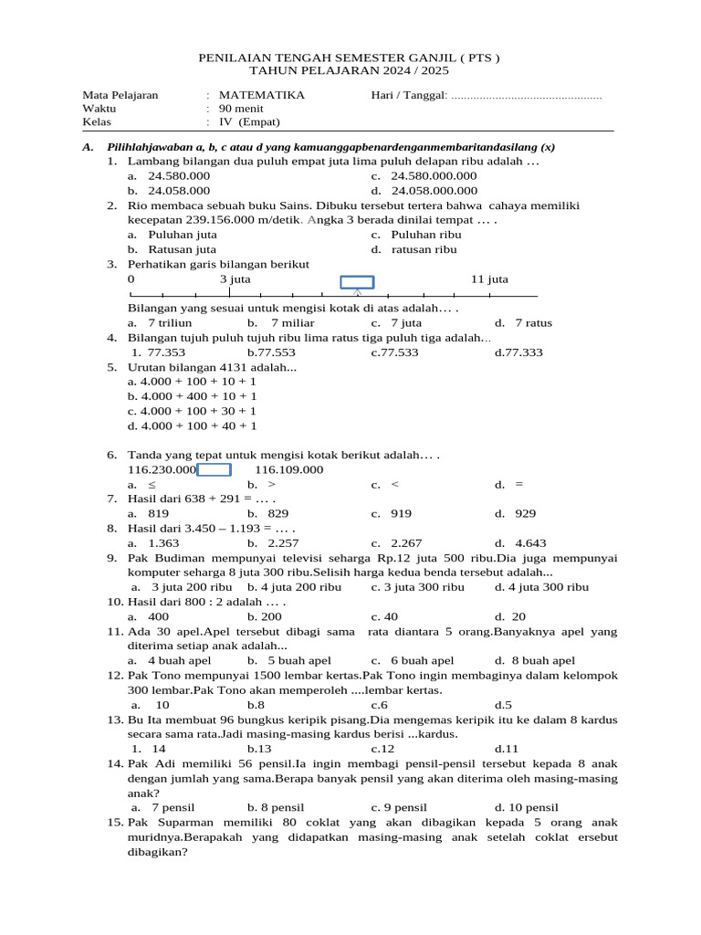 SOAL PTS MATEMATIKA KELAS 4 KUMER | PDF