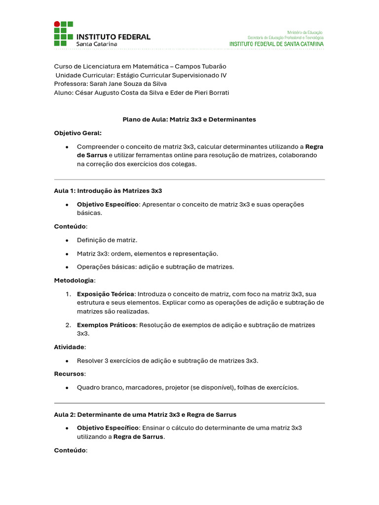 Plano de Aula Cesar e Eder | PDF | Matriz (Matemática) | Determinante