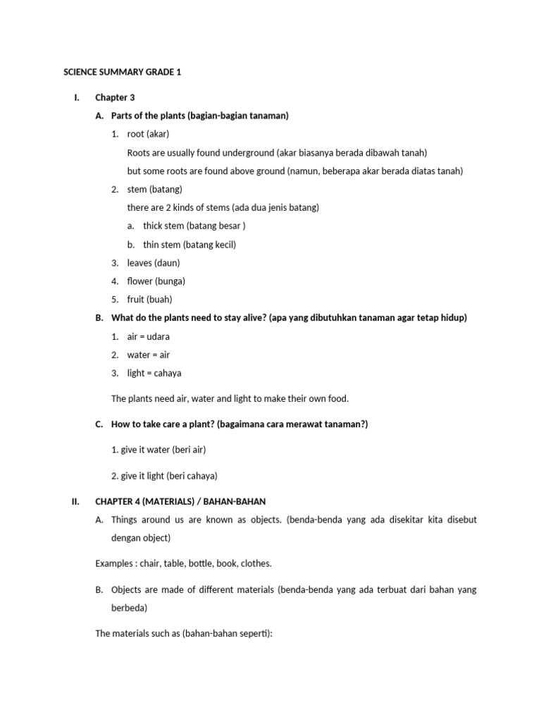 SCIENCE SUMMARY GRADE 1 | PDF | Plants | Branches Of Botany