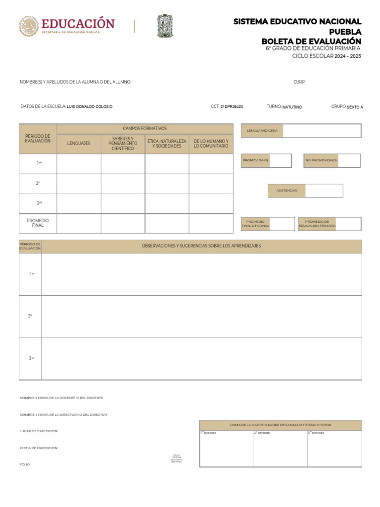 6° Boletas - Puebla 24-25 (1) PARA BOLETA INTERNA | PDF | Aprendizaje