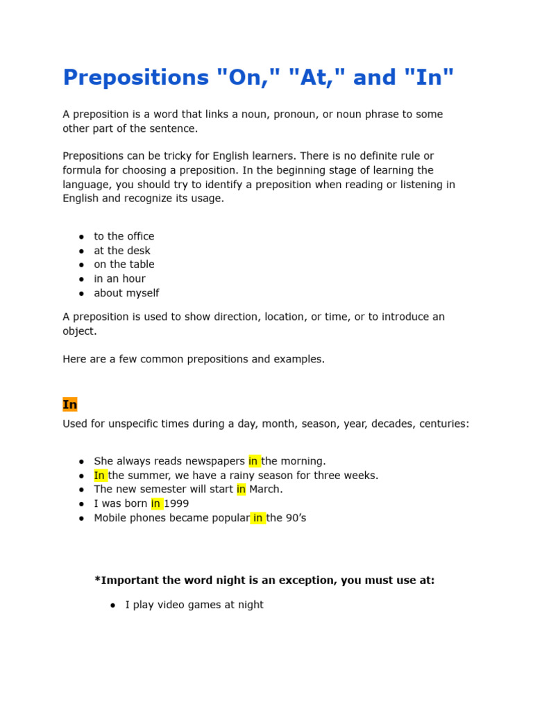 Copy of Prepositions "on," "at," and "in" 2022 | PDF | Preposition And Postposition | Language ...