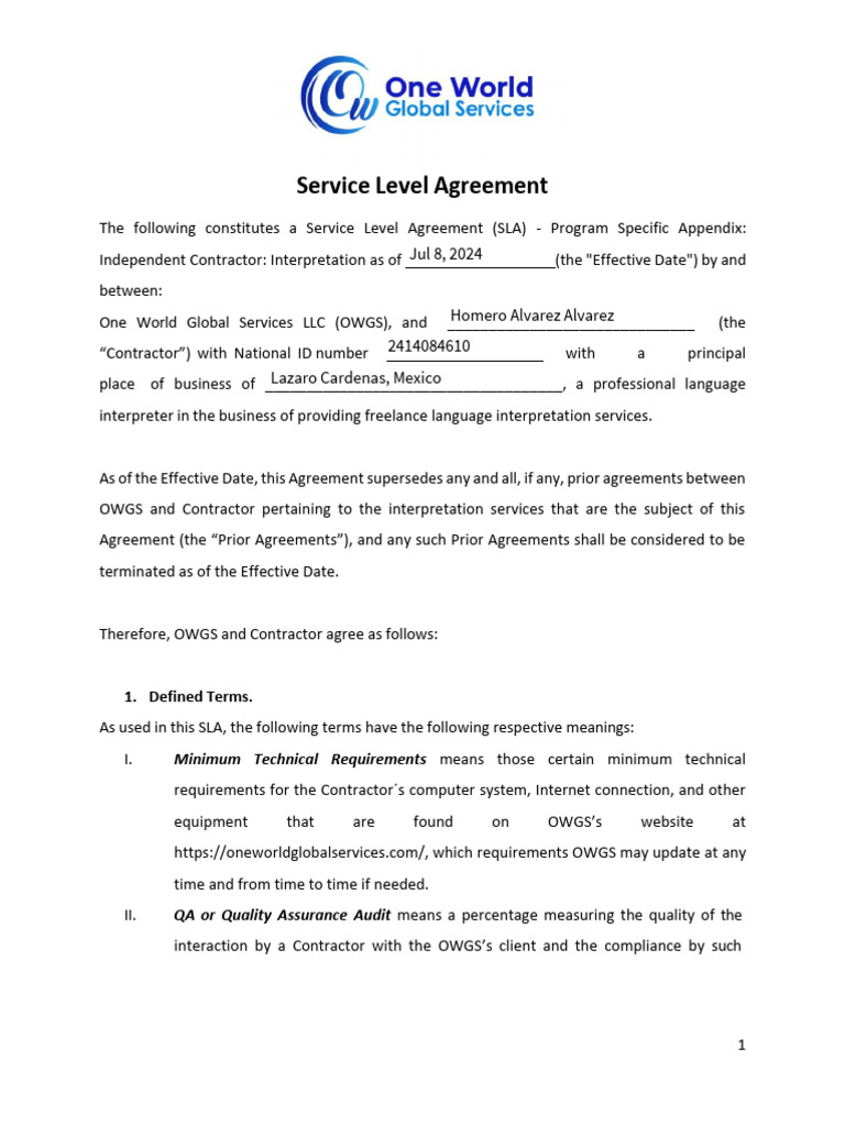 OWGS Interpreter SLA Agreement | PDF | Breach Of Contract | Service ...