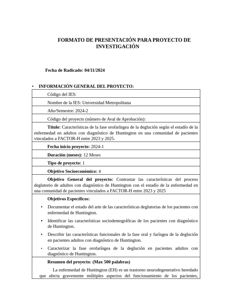 Formato de Presentación para Proyecto de Investigación Huntington Mael Final | PDF | Medicina ...