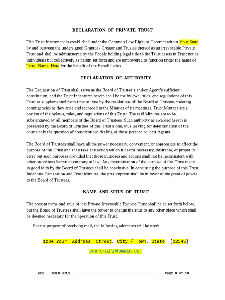 Private Trust Declaration and Authority | PDF | Trustee | Legal Documents