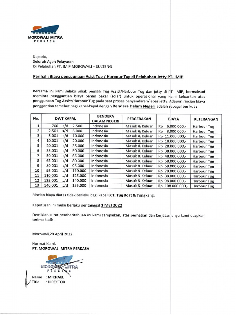 Biaya Penggunaan Assist Tug 1 Mei 2022 | PDF