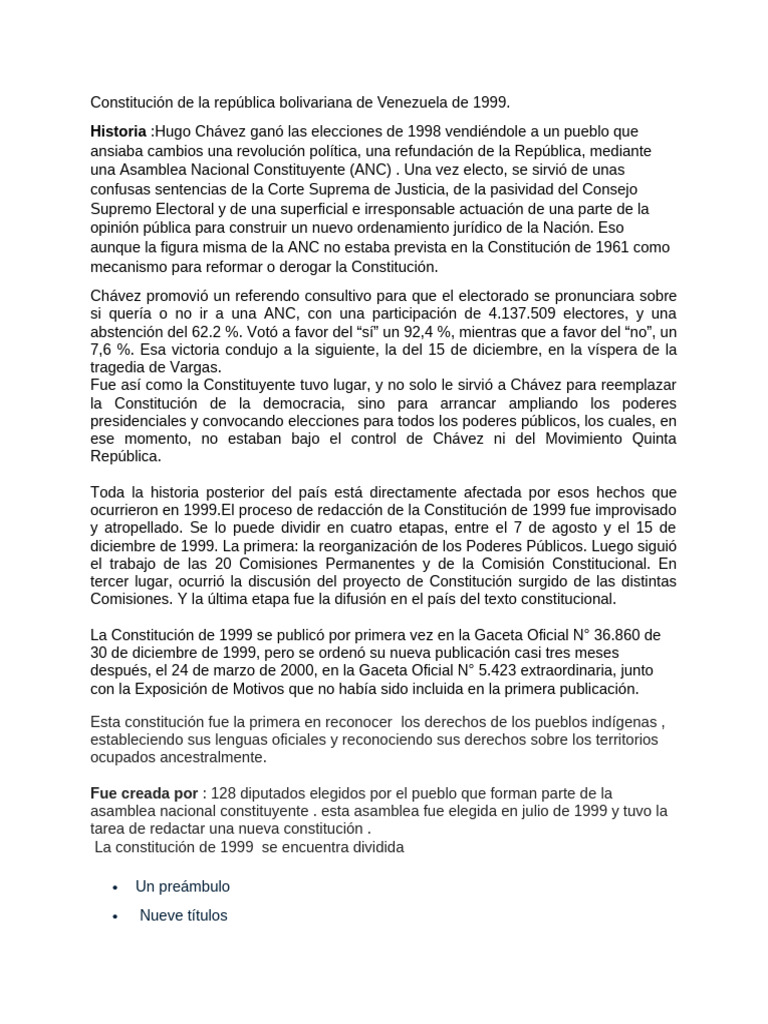 Constitución de La República Bolivariana de Venezuela de 1999 | PDF ...