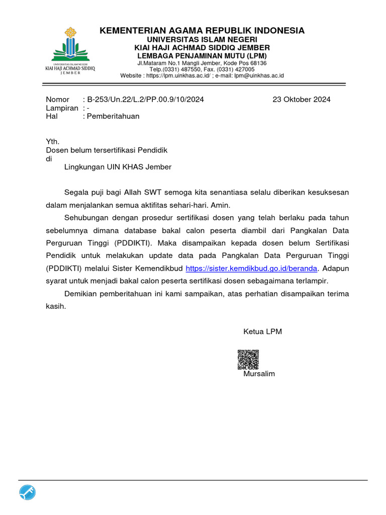 Surat Pemberitahun Update Data TTE | PDF