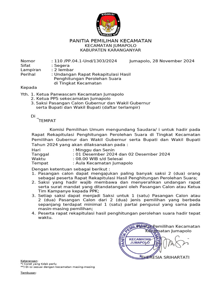 Undangan Rapat Rekapitulasi Suara Pilkada 2024 | PDF