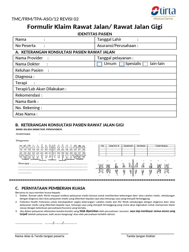 Formulir Klaim Rawat Jalan Atau Rawat Jalan Gigi (TMC-FRM-TPA-ASO-12 REVISI 02) | PDF