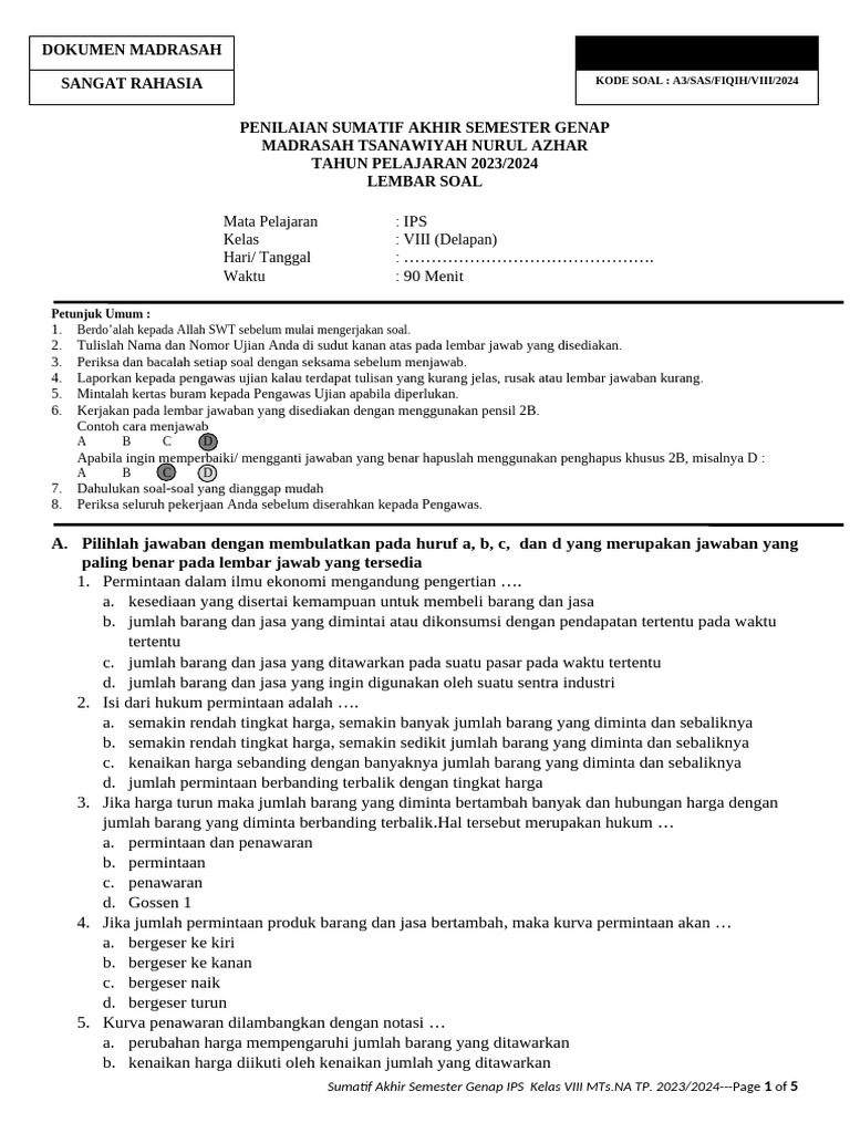 Soal Sumatif MTS Ips Kelas 8 23.24 | PDF