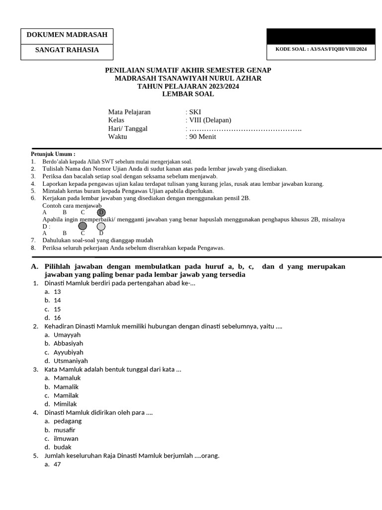 PENILAIAN SUMATIF AKHIR SEMESTER GENAP Ski Kls 8 | PDF